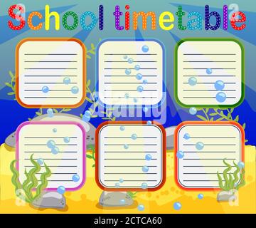 Timetable schedule. Cartoon underwater sea landscape with submarines ...