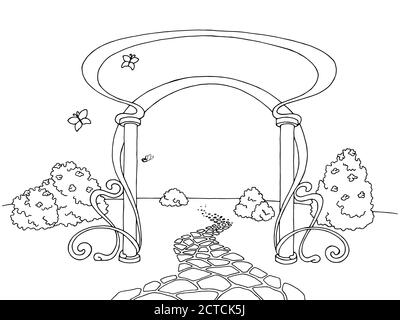 Park flower arch graphic black white landscape sketch illustration ...