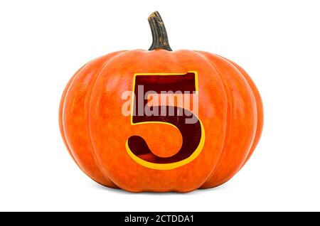 Five spooky halloween pumpkin, Jack O Lantern, with an evil face and ...