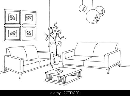 Waiting room graphic black white interior sketch illustration vector ...