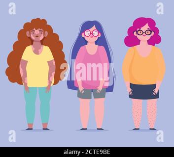 perfectly imperfect, cartoon young women with different skin types ...