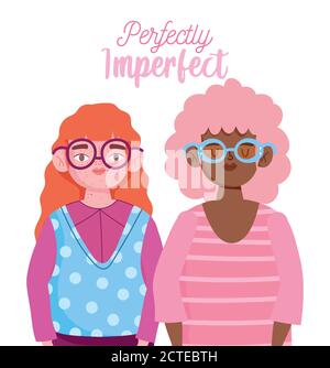 perfectly imperfect, cartoon woman portrait character leaves floral ...