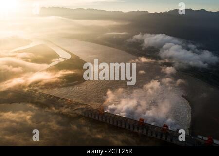 An aerial view of floodgates of the Three Gorges Dam opened to ...