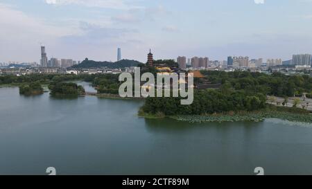 An aerial view of the Jinshan Temple, a Buddhist temple located in ...