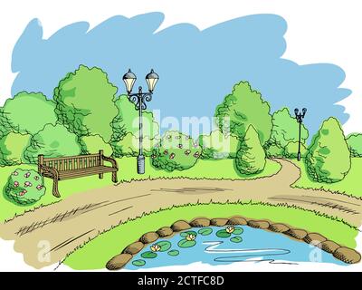 Vector illustration of green park landscape on big business city ...