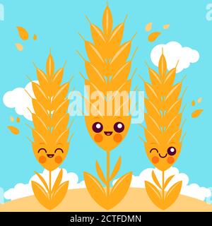 Cute wheat or barley cartoon characters growing on a farm field. Cereal ...