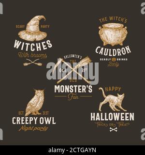 Vintage Style Halloween Logos or Labels Template Set. Hand Drawn Witch ...
