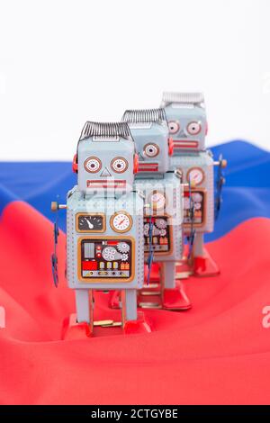 Clockwork toy robot on Russian flag. For Russian Bots on WWW, Russian ...