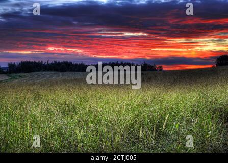Fantastic sunrise or sunset over green mountain ridge covered with ...