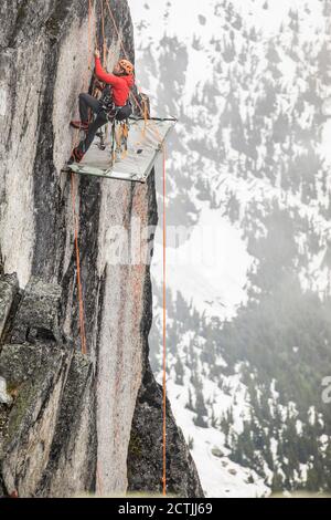 Rock climber uses prusik to ascend cliff above portaledge Stock Photo ...