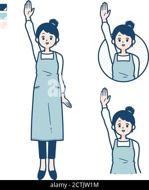 A woman in an apron with his hand out in front of his body, signaling a ...