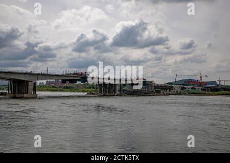 View of the Baishan Bridge under construction in Jilin city, northeast ...
