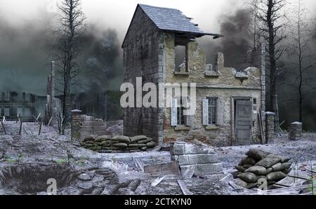 War Torn House in apocalyptic landscape, 3D illustration, 3D rendering ...