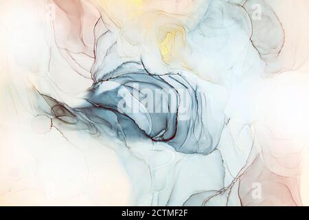 Abstract alcohol ink fluid art background. Green and blue with gold on ...