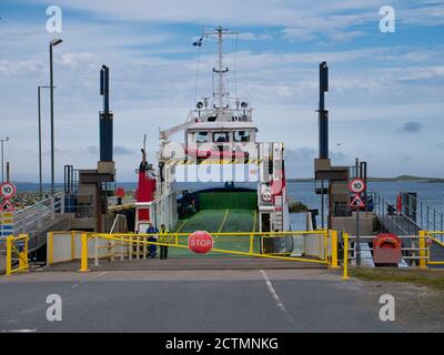On board the vehicle ferry, the MV Eynhallow crossing Eynhallow Sound ...