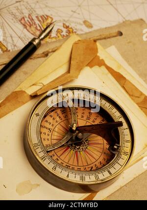 Compass, letters and old map from XVIII century Stock Photo - Alamy