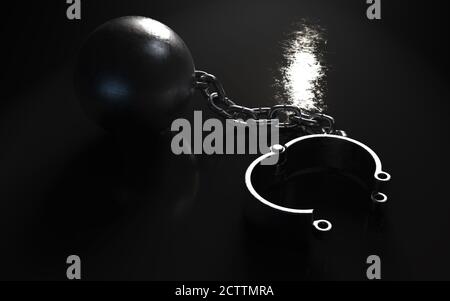 A heavy metal ball and chain with an opened shackle on an isolated ...