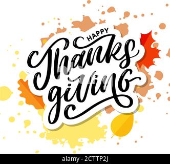 Happy Thanksgiving calligraphy brush lettering. Wreath of colorful autumn leaves, flowers and ...
