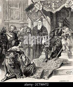 Mephistopheles playing the role of a fool, emperor at the throne, Faust ...