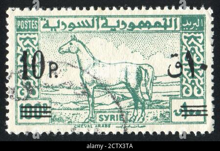 SYRIA - CIRCA 1946: A stamp printed in Syria shows Temple ruins ...