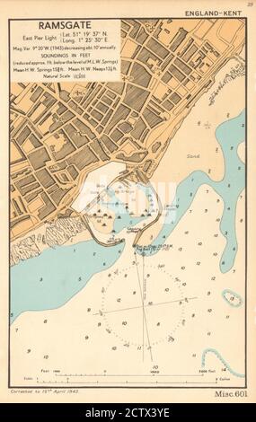 Ramsgate town plan & sea coast chart. Kent. ADMIRALTY 1944 old vintage ...