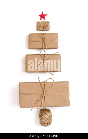 Christmas tree of eco gift wrapped in red and grey textile. Sustainable ...