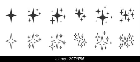 Contour and glyph symbols sparkles icon set. Empty outline decorative twinkle sparkle lights ...