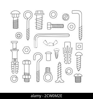 Hand drawn bolts, screws and nuts. Seamless pattern of fasteners in ...