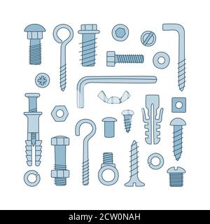 Hand drawn bolts, screws and nuts. Seamless pattern of fasteners in ...