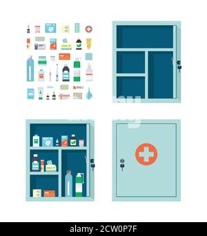 Medicine chest full of drugs, pills and bottles. Open and closed ...