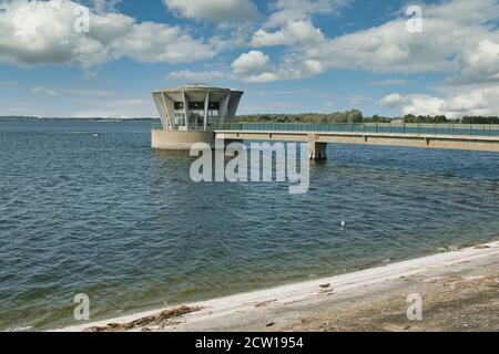 Valve tower and walkway at Grafham Water reservoir, Cambridgeshire, UK ...