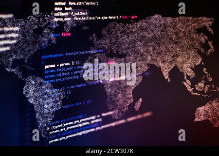 Programming html application code running down a computer screen Stock ...