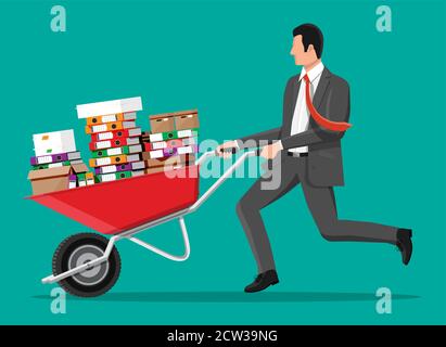 Paper work cart. Overworked office worker, exhausted businessman ...