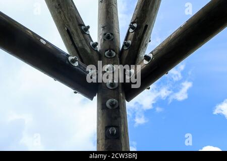 The detail of the joint on the wooden tower with many screws Stock ...