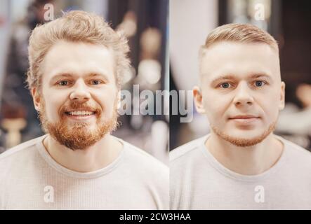 Before and after Man in barber chair, hairdresser styling in barbershop ...