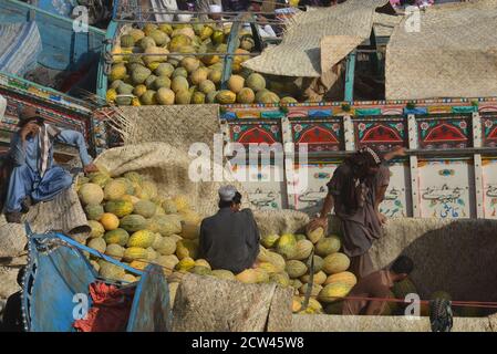 Pakistani farmers busy in their trucks loaded with watermelon at a ...