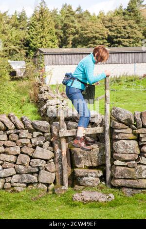 Woman climbing over over wall Stock Photo - Alamy