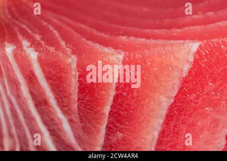 Macro shot yellow fin tuna steak background. Fresh rare steak close up ...
