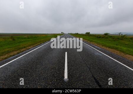 Asphalt road receding into the distance among green fields Stock Photo ...