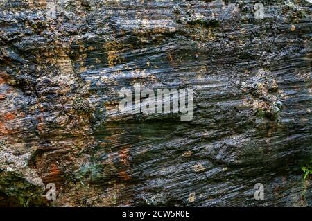 Slickensides formed by lateral movement of rock along a fault at a ...