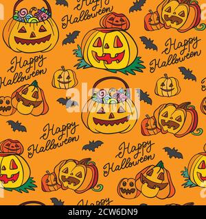 Seamless pattern with halloween pumpkins on color background. Scary and ...