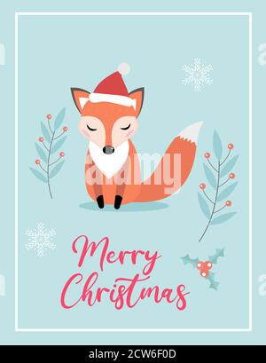 christmas greeting card with cute fox on snowy winter landscape Stock ...