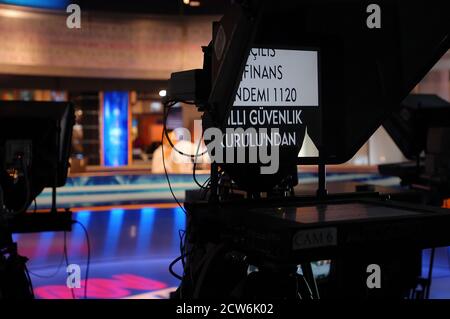 CNN Istanbul TV news studio. Behind the scenes. Reporter and cameras ...