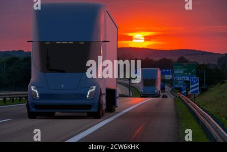 Tesla's new electric semi truck with a trailer bearing the Amazon Prime ...