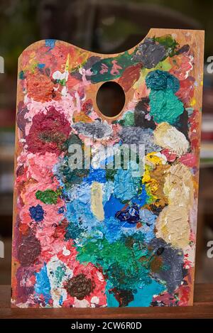 Colorful color palette. Closeup of an artsy color palette with acrylic ...