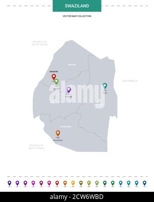 Location of Swaziland on the world map, marked with Swaziland flag pin. Cartographic vector ...