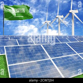 Solar energy panels with Saudi Arabia flag background. Sustainable ...