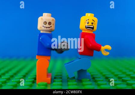 POZNAN, POLAND - Sep 27, 2020: Lego scared man figurine with a scary ...
