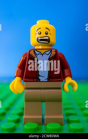 POZNAN, POLAND - Sep 27, 2020: Lego scared man figurine with a scary ...