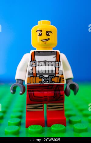 POZNAN, POLAND - Sep 27, 2020: Scared Lego man figurine almost falling ...